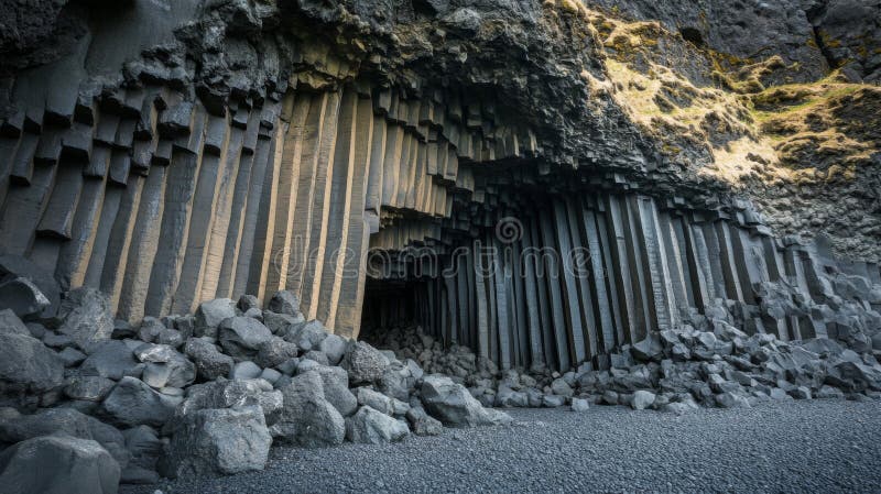 Dark Basalt Cave with Columnar Formations on a Black Sand Beach Stock ...