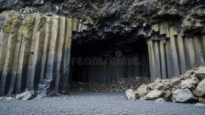 Dark Basalt Cave with Hexagonal Columns and Black Sand Beach Stock ...