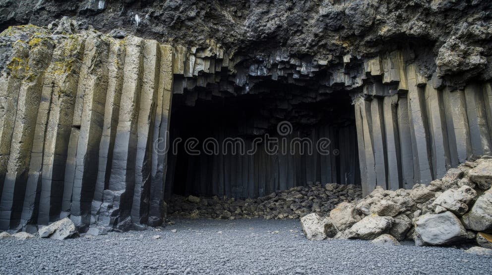 Dark Basalt Cave with Hexagonal Columns and Black Sand Beach Stock ...