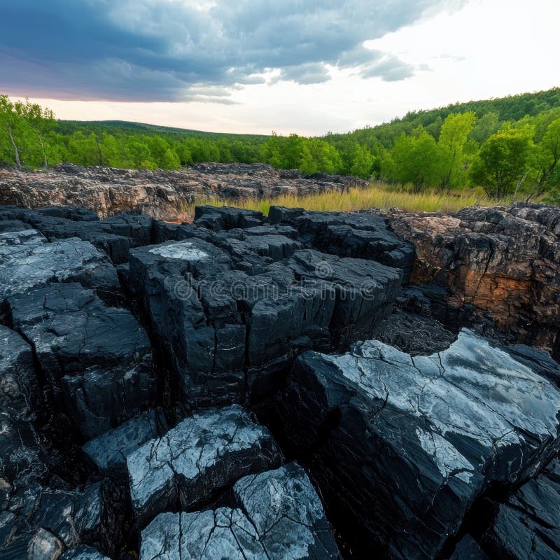 Dark Basalt Columns and Green Forest Under a Dramatic Sky Stock ...