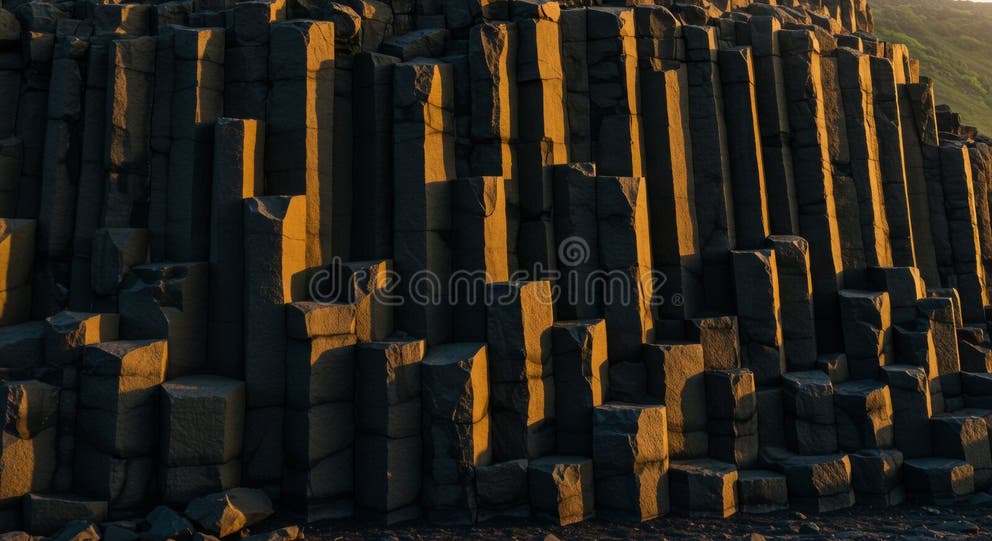 Dark Basalt Columns at Sunset, Coastal Rock Formation Stock ...