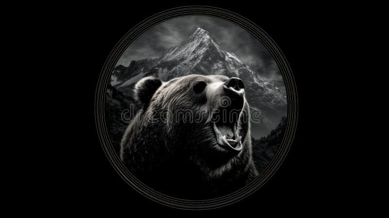 Dark Bear Roaring Against a Mountain Backdrop with Dramatic Clouds at ...