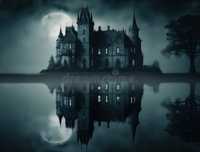 Dark and Beautiful Haunted Castle Reflecting in Water in Misty Light at ...