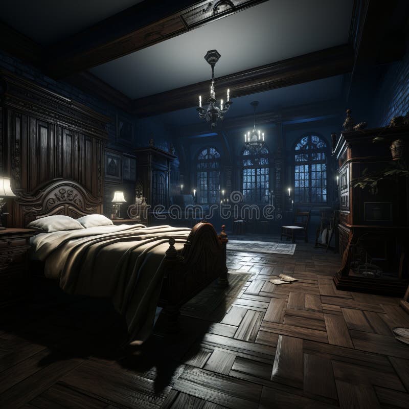 A Dark Bedroom with a Bed and Chandelier Stock Illustration ...