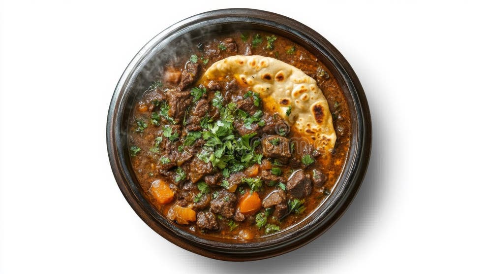 Dark Beef Stew with Flatbread in Earthenware Bowl Stock Illustration ...