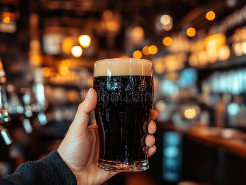 Dark Beer Held Up in a Warmly Lit Bar Setting Stock Illustration ...
