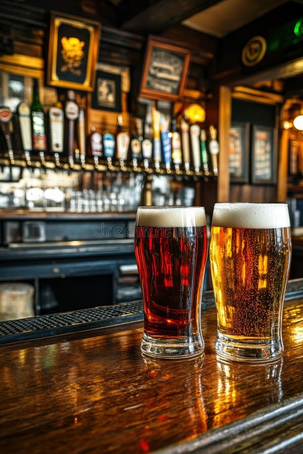 Two Glasses of Beer on a Bar Counter in a Cozy Pub Setting Stock ...