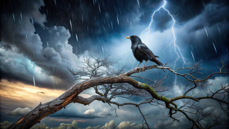 Dark Bird Perched on a Barren Branch during a Dramatic Thunderstorm ...