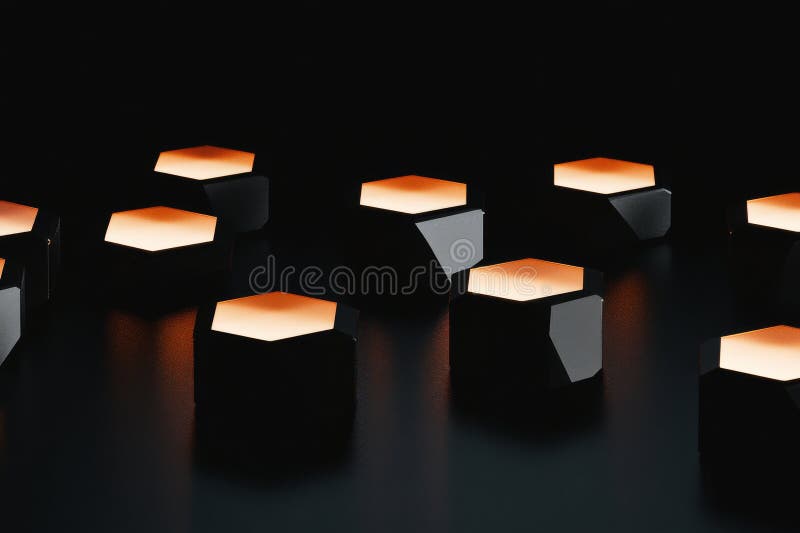 A Dark Black Background with 3D, Glowing Hexagonal Shapes Floating in ...