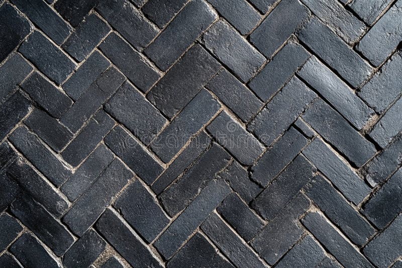 Dark Black Brick Herringbone Pattern Pavement Closeup with Textured ...