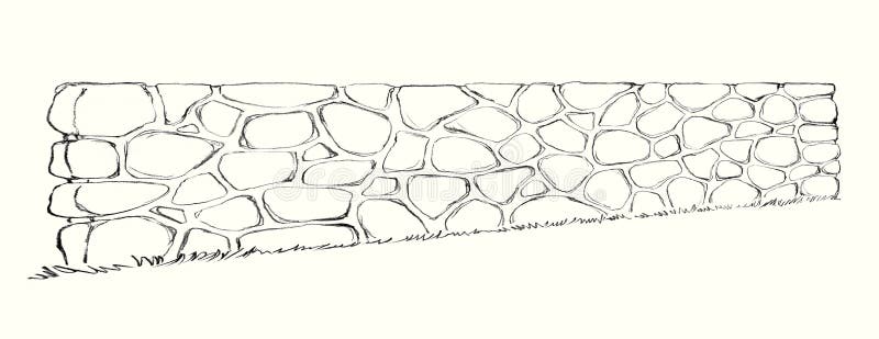 Pencil Drawing. Old Stone Fence Stock Illustration - Illustration of ...