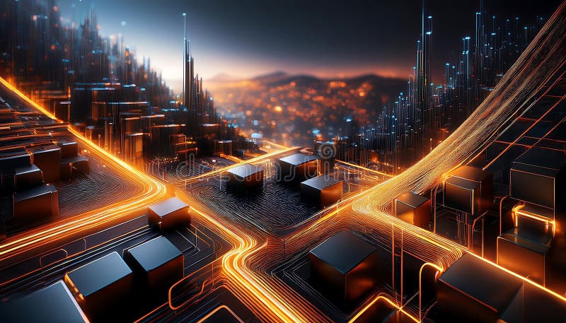 Dark Blocks Interconnected by Glowing Orange Circuitry Create a ...