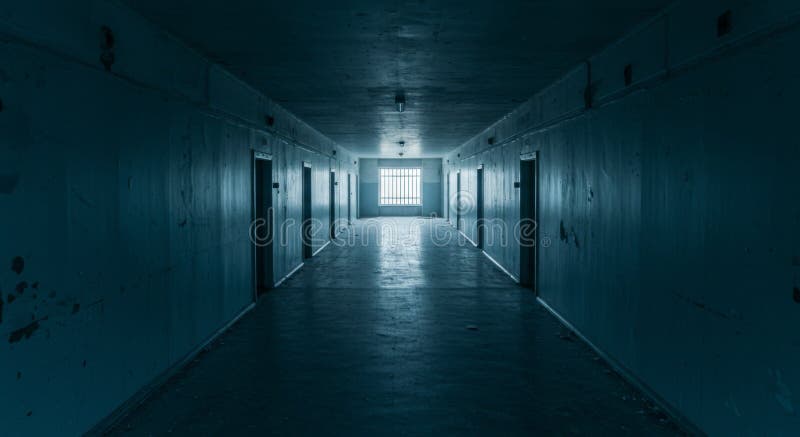 Dark Blue Abandoned Hospital Hallway with Single Window Stock ...