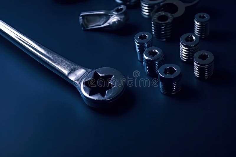Dark Blue Backdrop with Metal Object, Such As Wrench or Socket Set ...