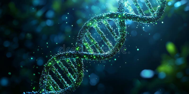 Dark Blue Background with Glowing Green Light Rays Forming a DNA Helix ...