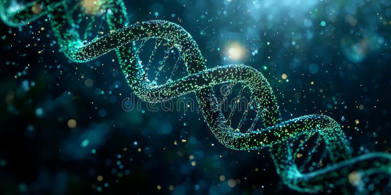 Dark Blue Background with Glowing Green Light Rays Forming a DNA Helix ...