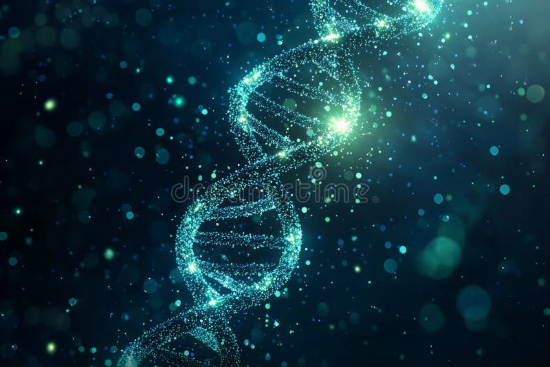 Dark Blue Background with Glowing Green Light Rays Forming a DNA Helix ...