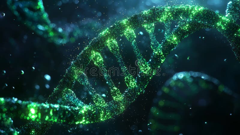 Dark Blue Background with Glowing Green Light Rays Forming a DNA Helix ...