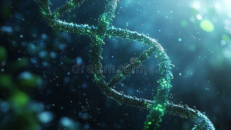 Dark Blue Background with Glowing Green Light Rays Forming a DNA Helix ...