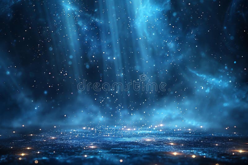 Dark Blue Background with Glowing Light Particles and Sparkles on the ...