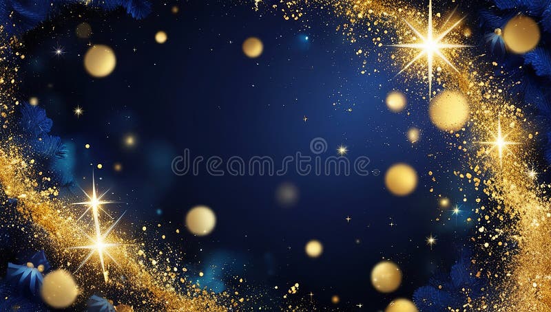 Dark Blue Background with Gold Christmas Lights and Shimmering ...