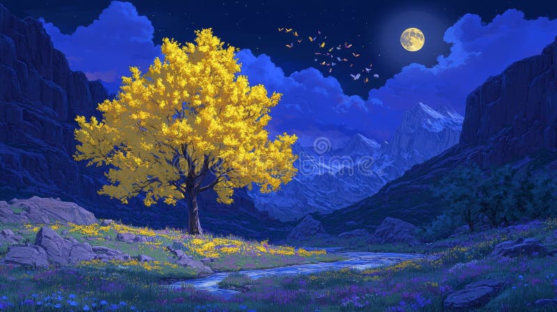 Dark Blue Background, Golden Tree, and Moon Art Mural Wallpaper Stock ...