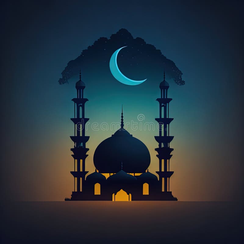 A Dark Blue Background with a Mosque and Moon. Stock Illustration ...