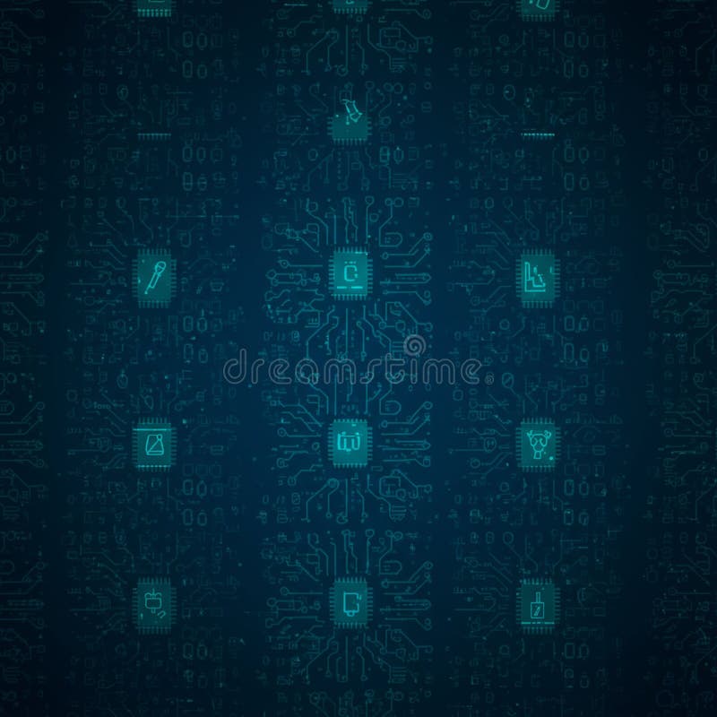 Ark Blue Background with a Pattern of Green, Glowing Microchips. Each ...