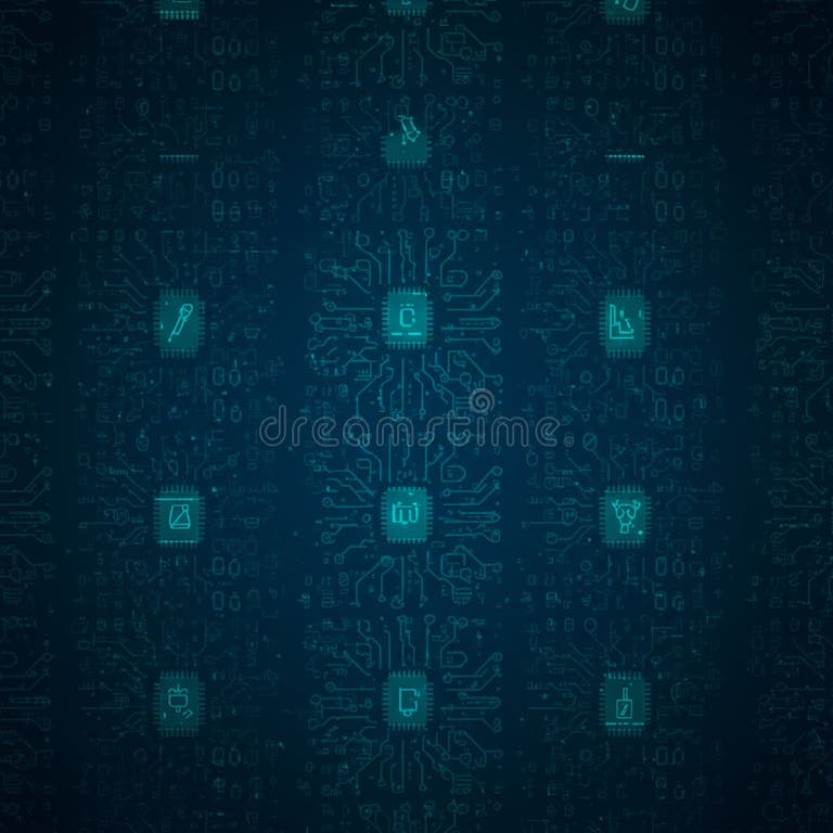 Ark Blue Background with a Pattern of Green, Glowing Microchips. Each ...