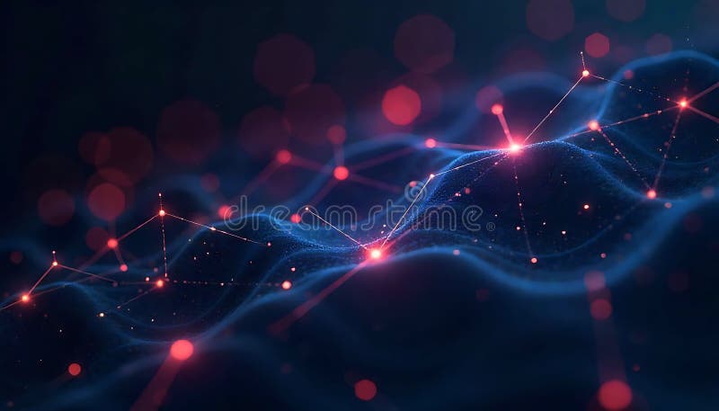 Abstract Network with Red Nodes and Blue Waves Connecting in a Dark ...