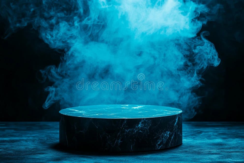 Dark Blue Background with Smoke Surrounding Marble Table, Creating ...