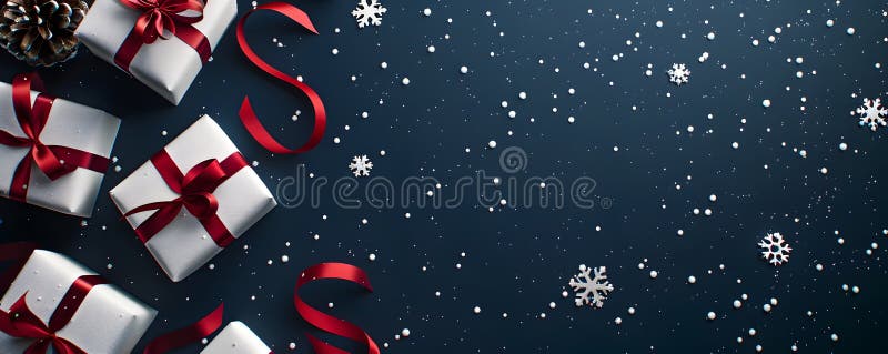 Elegant Christmas Gift Boxes with Red Ribbons and Snowflakes Stock ...