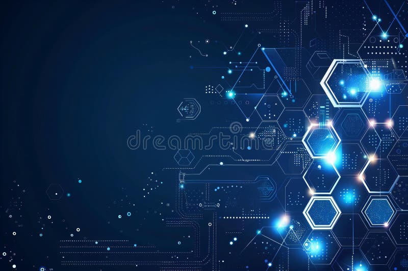 Dark Blue Background with White Hexagon Elements and Digital Technology ...