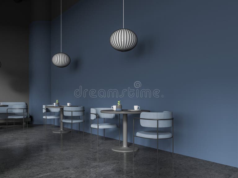 Dark Blue Cafe Interior with Chairs and Table with Dishes Stock ...