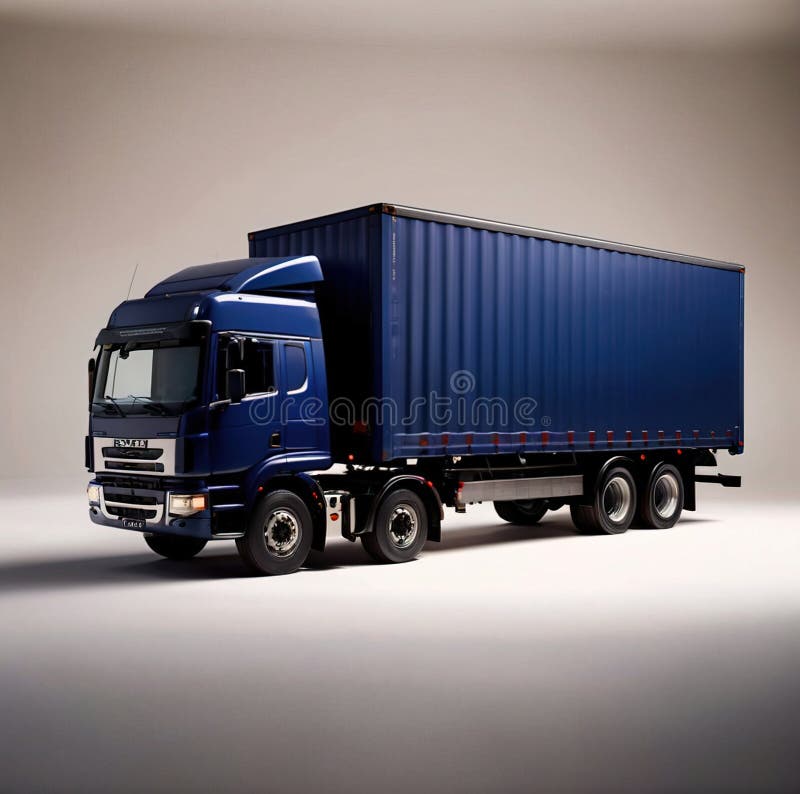 A Dark Blue Cargo Truck Side View on a White Background Stock ...