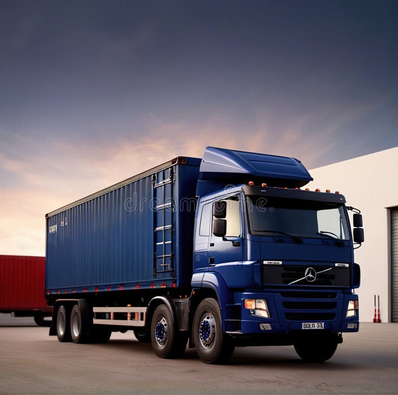 A Dark Blue Cargo Truck Side View on a White Background Stock ...