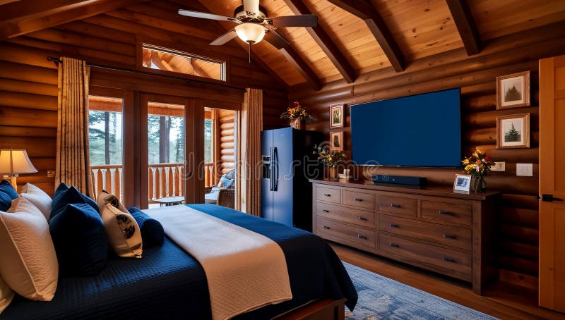 Dark Blue Color Main Bedroom Model, Cabin Style Stock Illustration ...