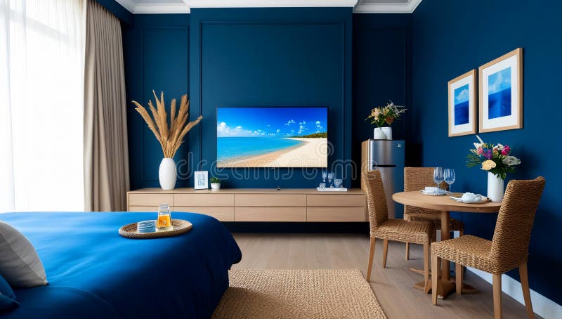 Dark Blue Color Main Bedroom Model, Coastal Style Stock Illustration - Illustration of ...