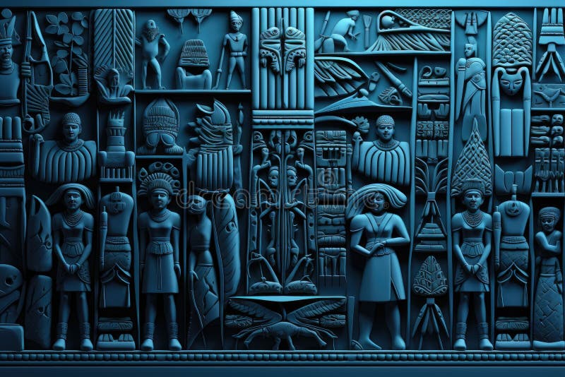 Dark Blue Colored Prehistoric Egyptian Texts, Drawings and Hieroglyphs ...