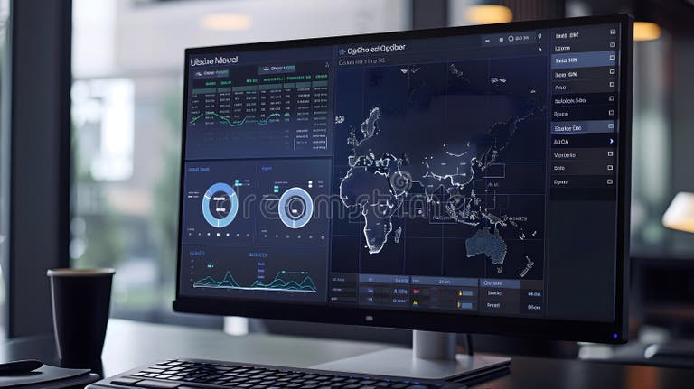 Dark Blue Computer Screen Displaying Global Data Analytics World Map ...