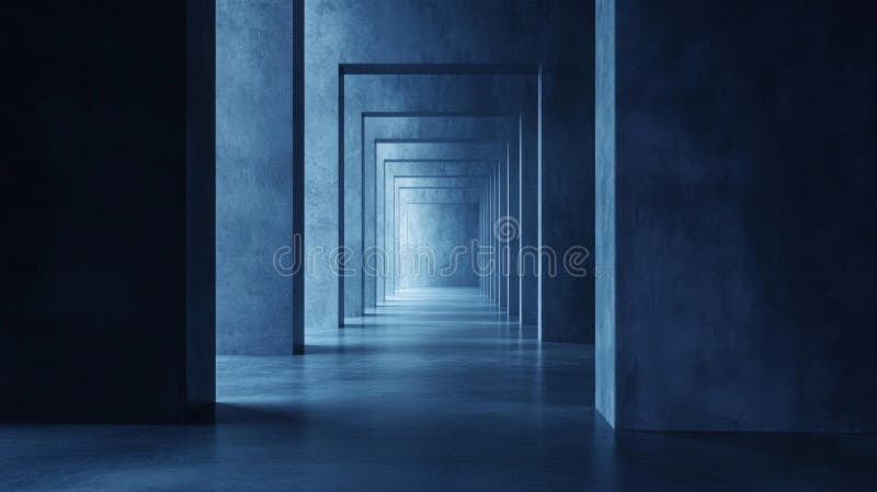 Dark Blue Concrete Corridor with Distant Light Stock Illustration ...