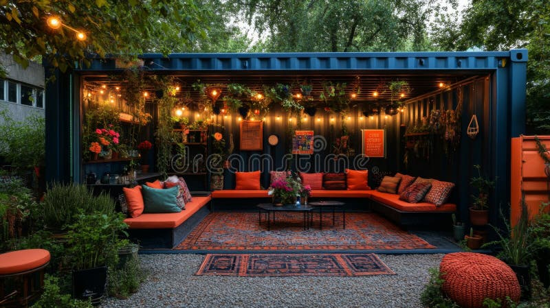 Dark Blue Container Garden Room with Orange Decor at Night Stock ...