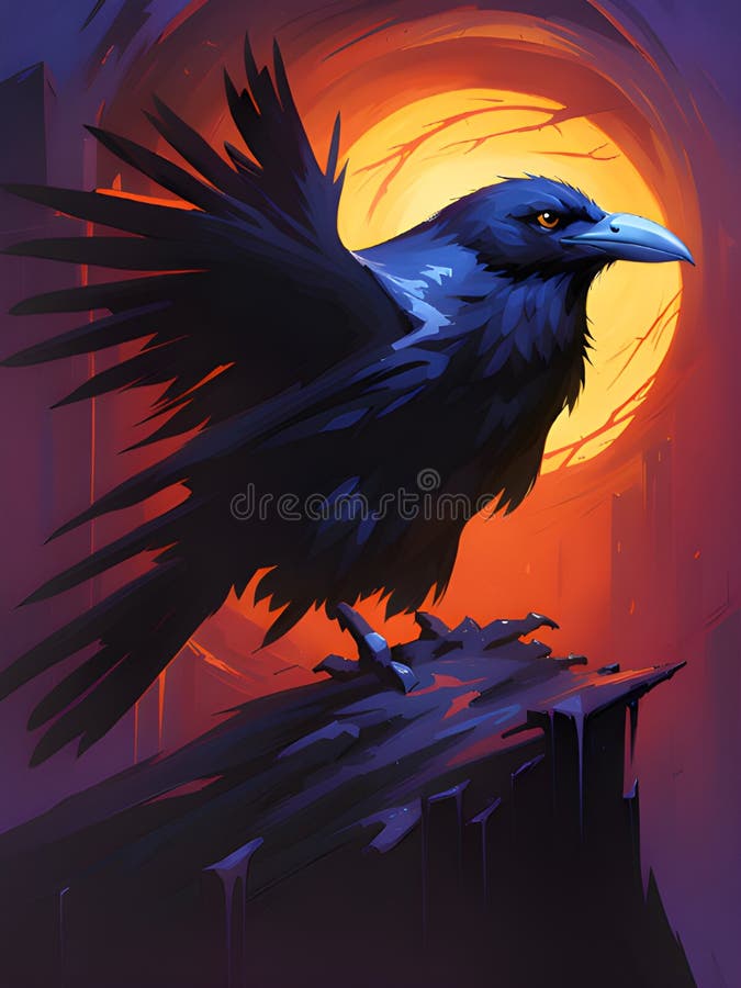 Dark Blue Crow in Black with a Red Wings. Halloween Background Stock ...