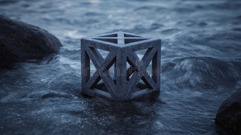 A Dark Blue Cube with a Geometric Pattern Sits in the Water. Stock ...