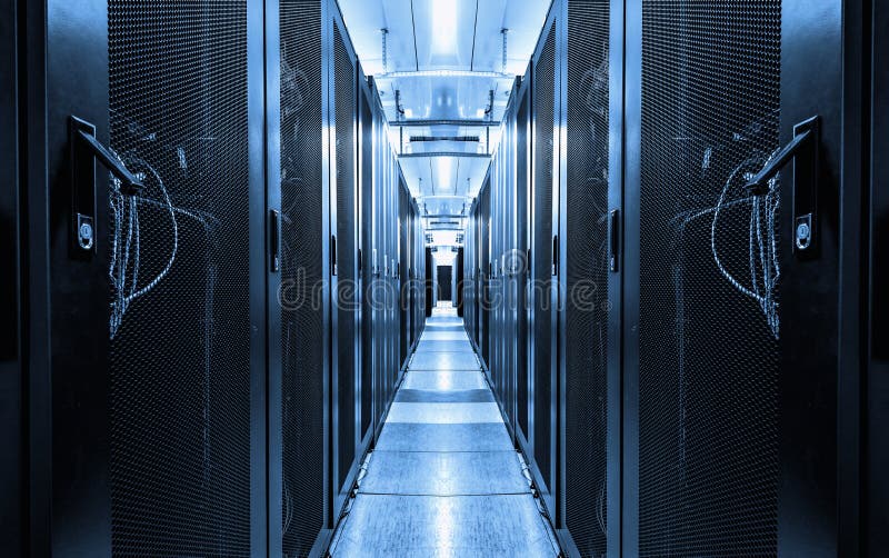 Dark Blue Data Centre Interior with Rows of Hardware Equipment ...