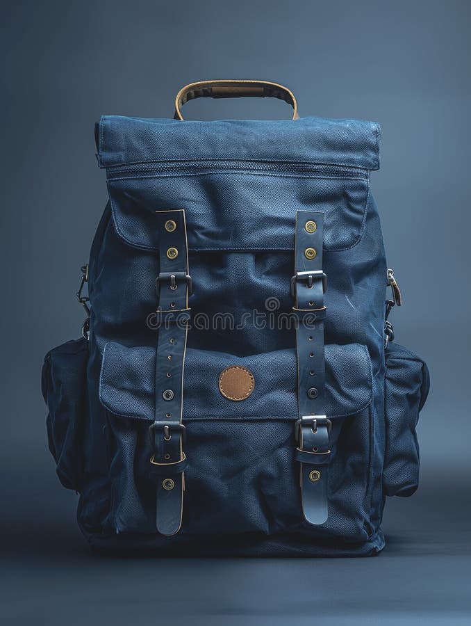 Dark Blue Denim Backpack on a Blue Background Isolated. Stock Photo ...