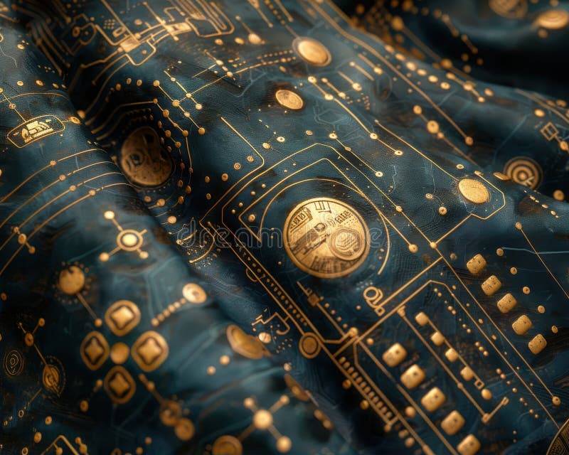 Dark Blue Fabric with Gold Patterns Reminiscent of Microchips and ...