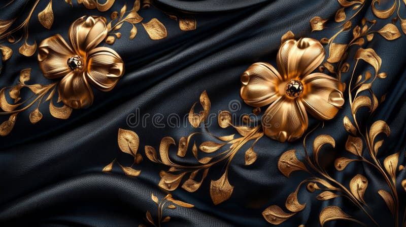 Dark Blue Fabric with Golden Flowers and Leaves Stock Illustration ...
