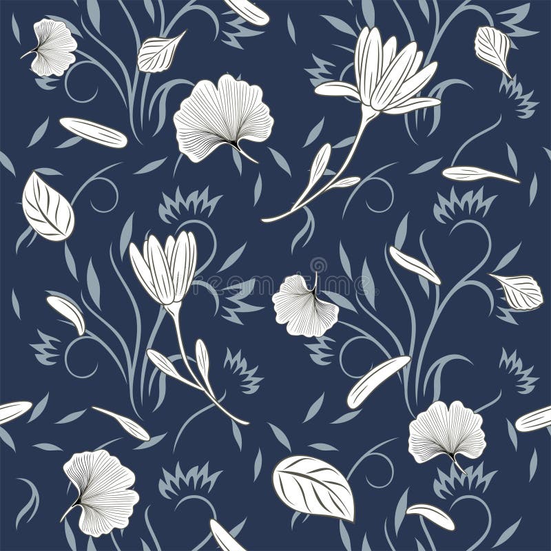 Dark Blue Floral Seamless Pattern with White Daisy and Leaves Stock ...