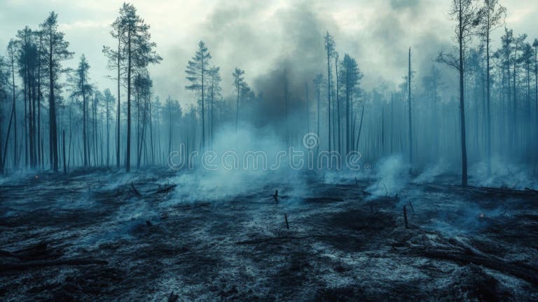 Dark Blue Forest Fire Landscape with Smoke and Burning Trees Stock ...